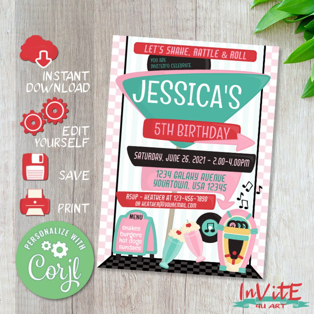 Editable RETRO DINER Party Invitation for Kids, Fifties, Sock Hop, 50's ...
