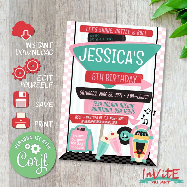 Editable RETRO DINER Party Invitation for Kids, Fifties, Sock Hop, 50's, Birthday Party Invite ...