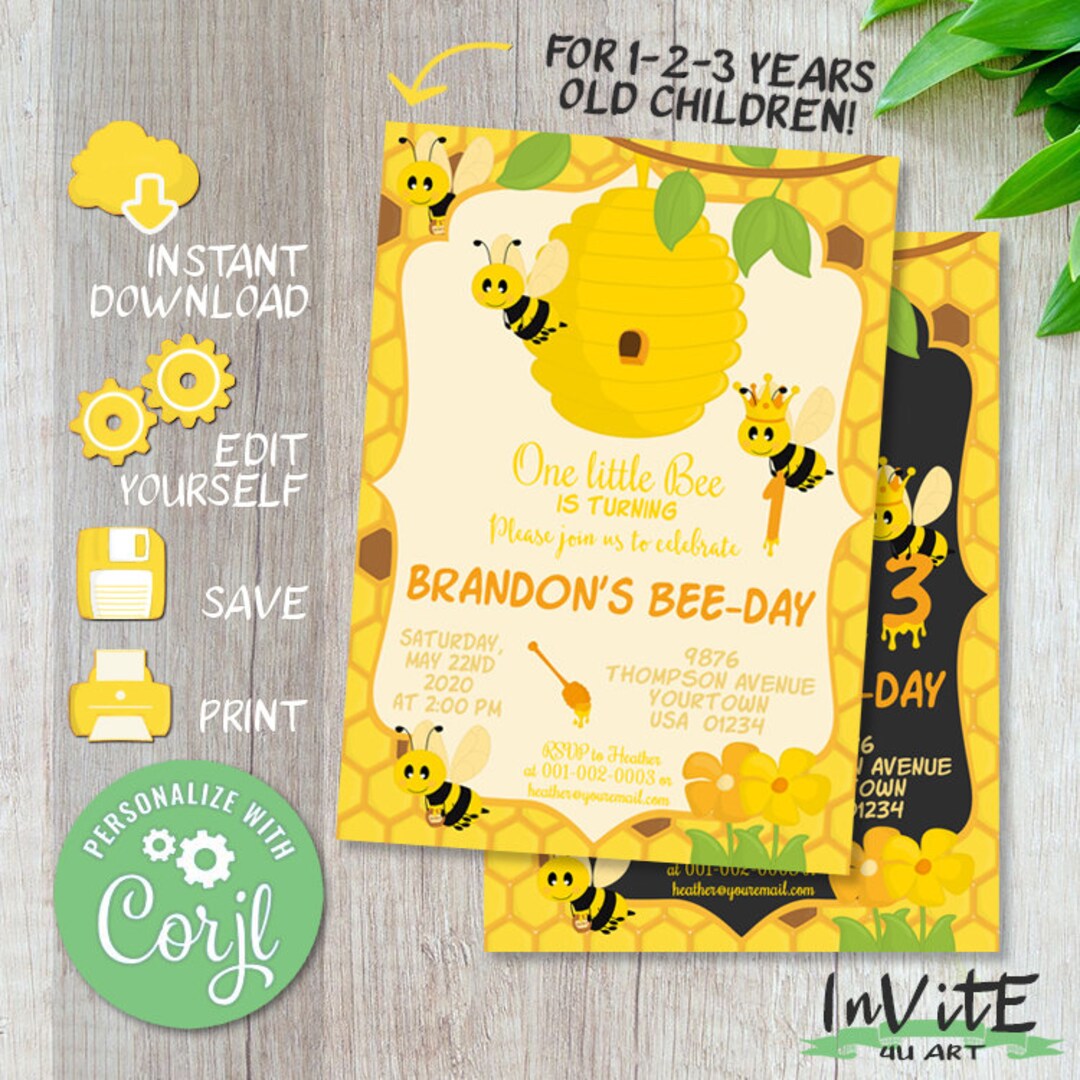 Editable Bee-birthday Invitation, Free CORJL DEMO, Busy Bee Invite ...