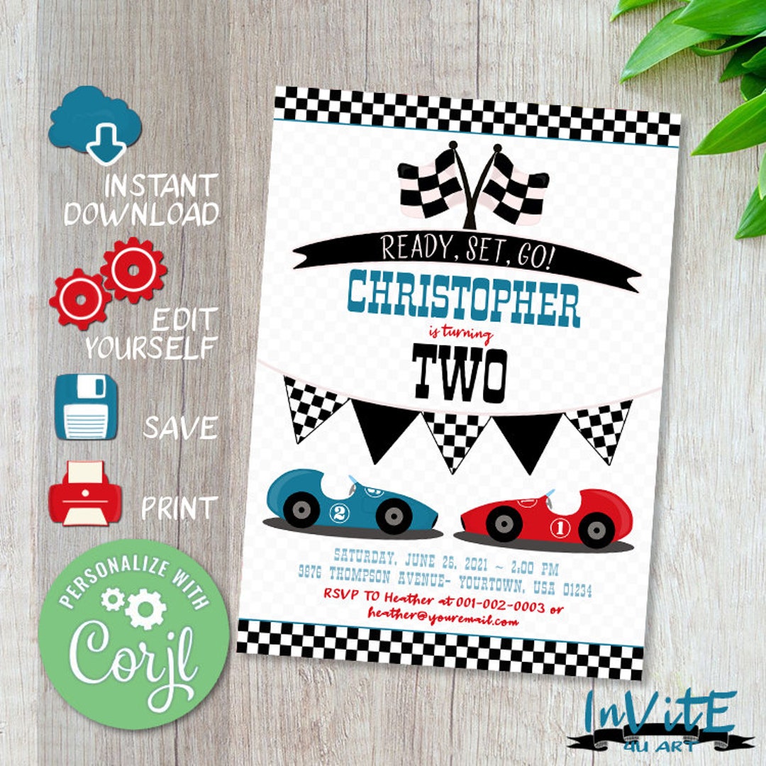 Editable RACE CAR Birthday Invitation, E-invite, Free Corjl DEMO ...