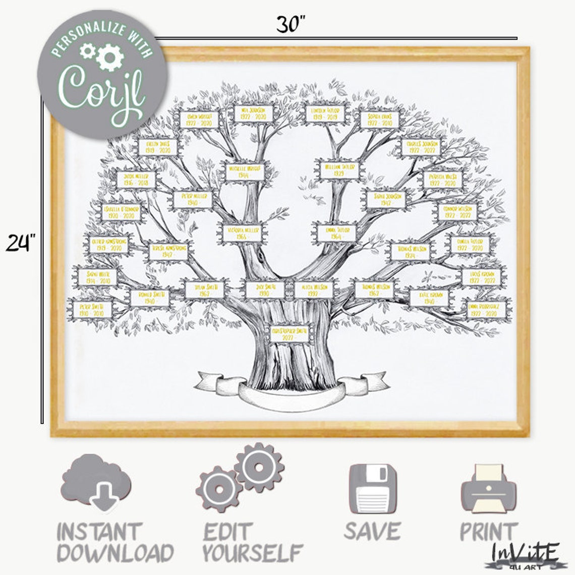 5 Generations FAMILY TREE Chart, Digital Copy of Hand Drawn Tree ...