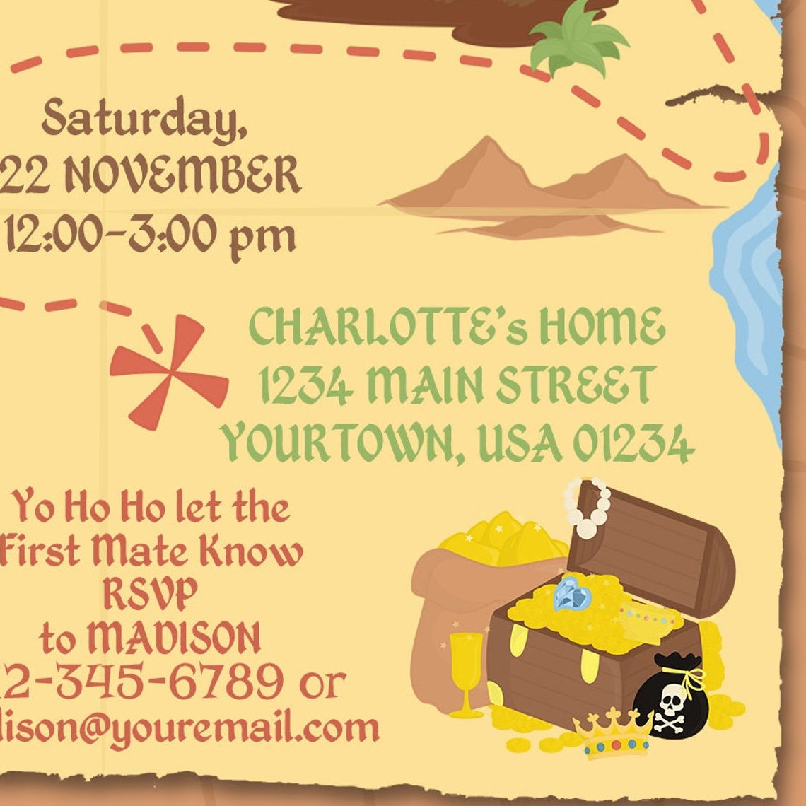 Editable PIRATE MAP Invitation for Kids, Treause Island, Birthday Party ...