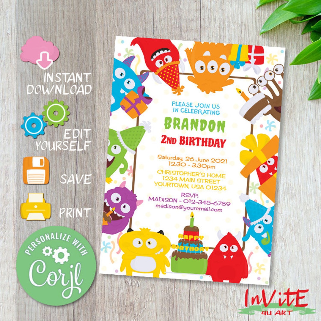 Editable MONSTER Birthday Party Invitation, Free CORJL DEMO, Weird ...
