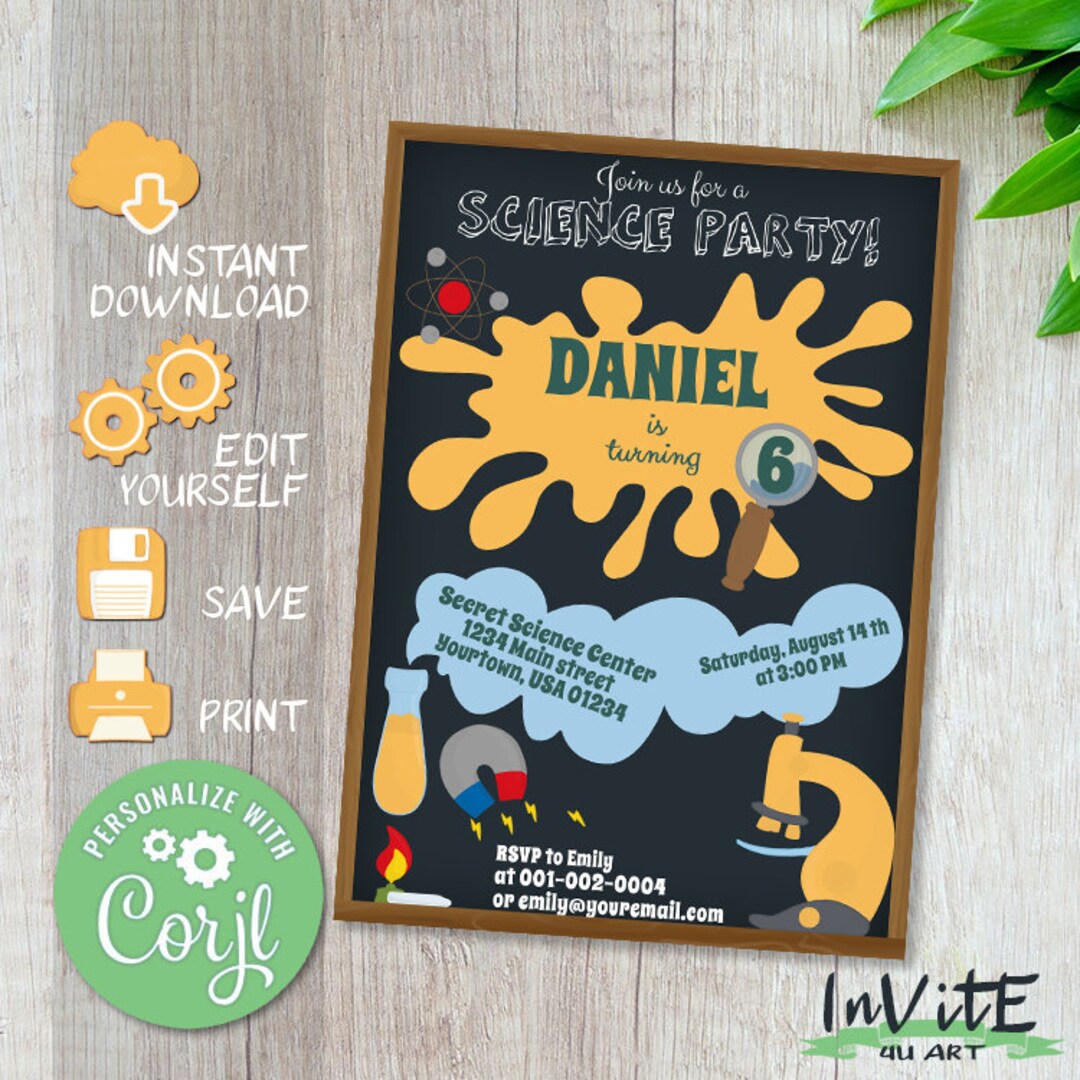 Editable SCIENTIST Birthday Invitation, Free CORJL DEMO, Science Invite ...