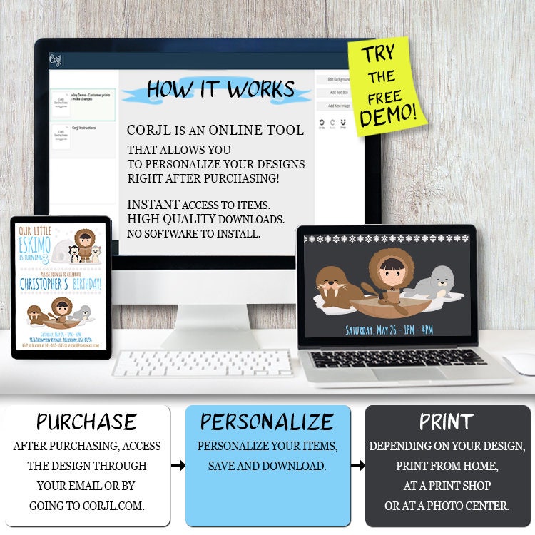 Editable ESKIMO Birthday Party Invitation, Free CORJL DEMO, Arctic ...