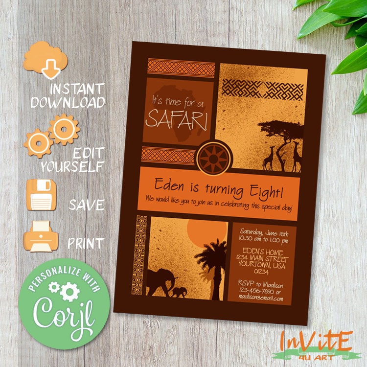 Editable, Vintage AFRICA Birthday Invitation, Free CORJL DEMO, Tribe ...