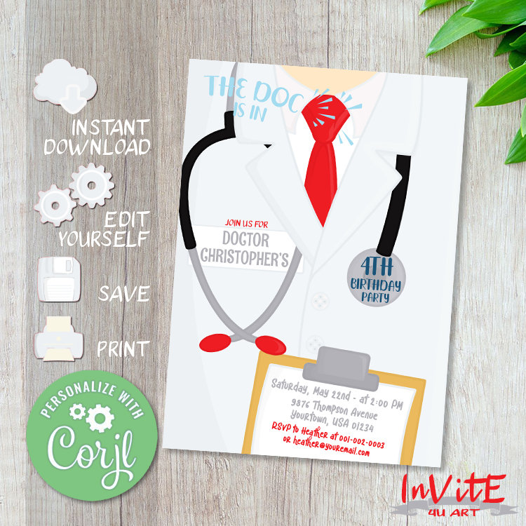 Editable DOCTOR Invitation for Kids, Medical Gown, Birthday Party ...
