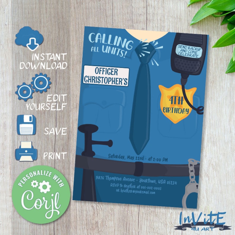 Editable POLICE OFFICER Invitation for Kids, Uniform, Policeman ...