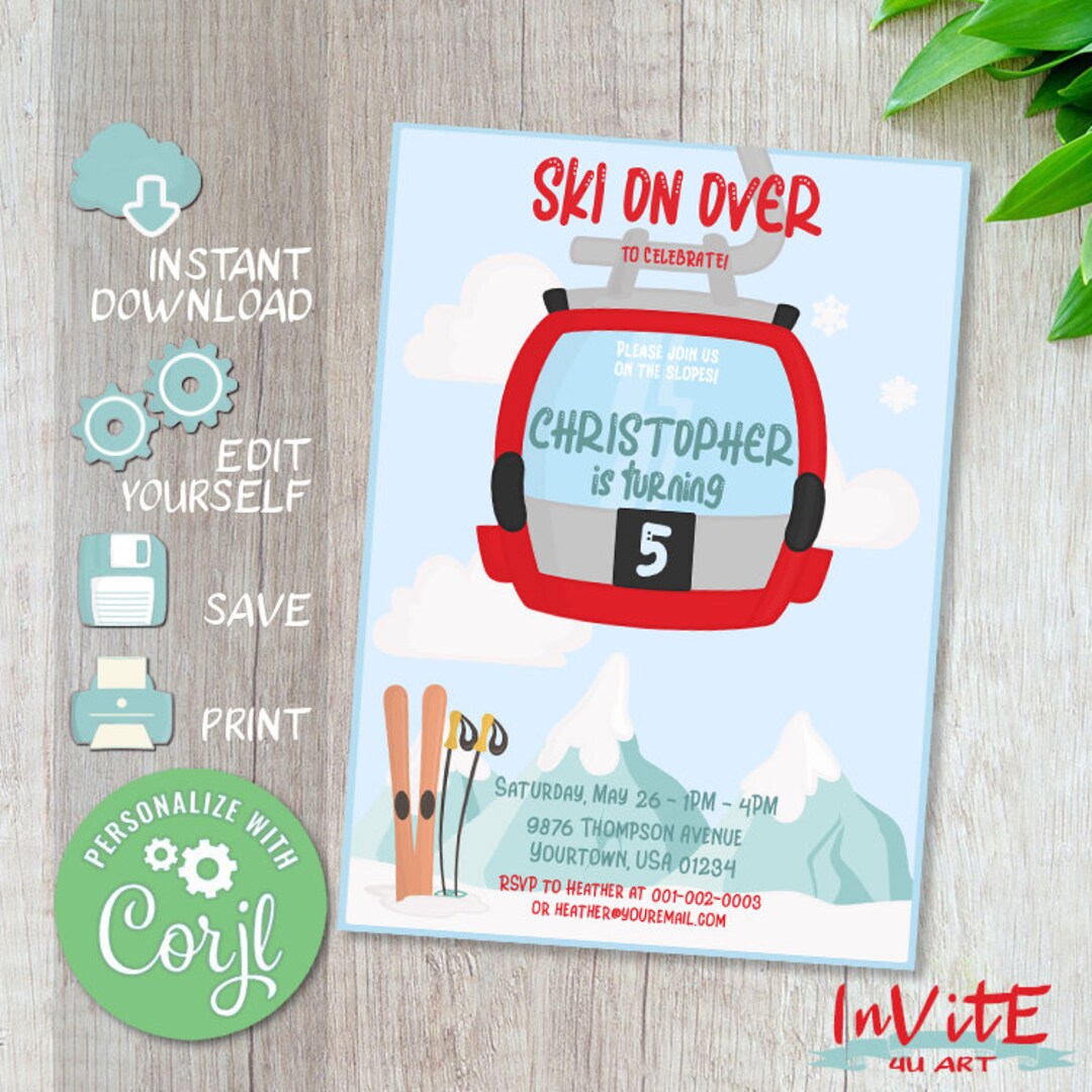 Editable Ski Birthday Invitation, TRY BEFORE You BUY, Free Demo ...