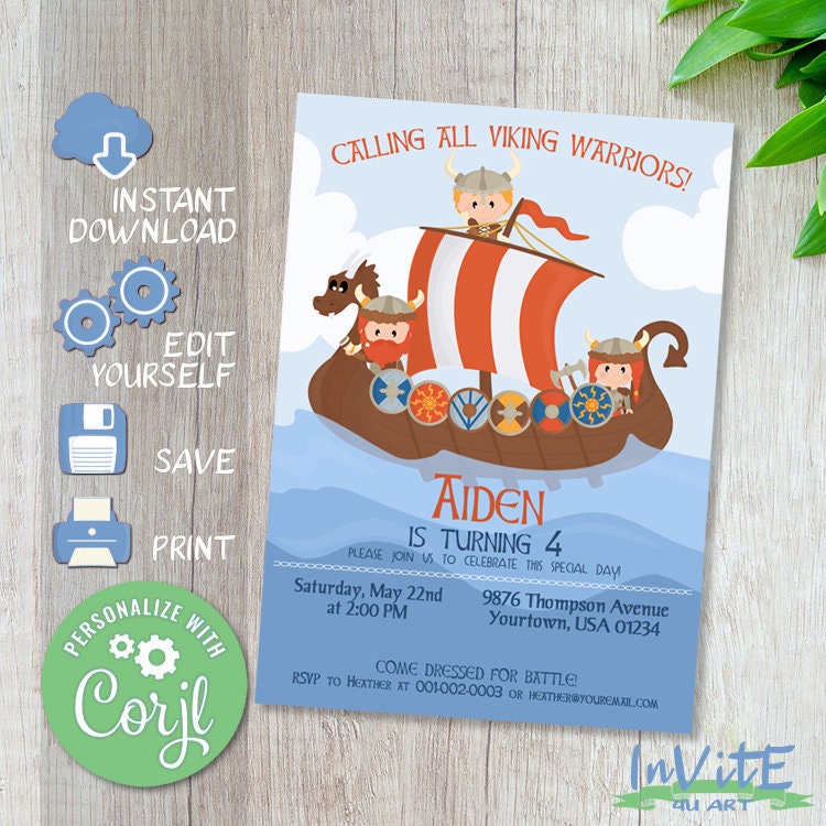 Editable VIKING Birthday Invitation for Boys, CORJL, Free DEMO, Cute ...