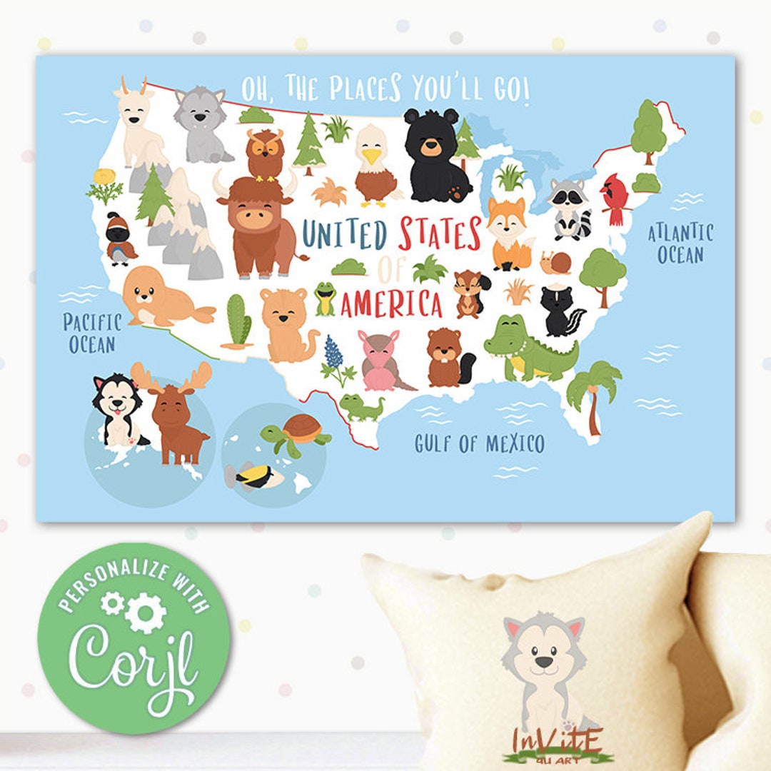 Editable USA Poster With Cute Baby Animals, Free CORJL DEMO, Classroom ...