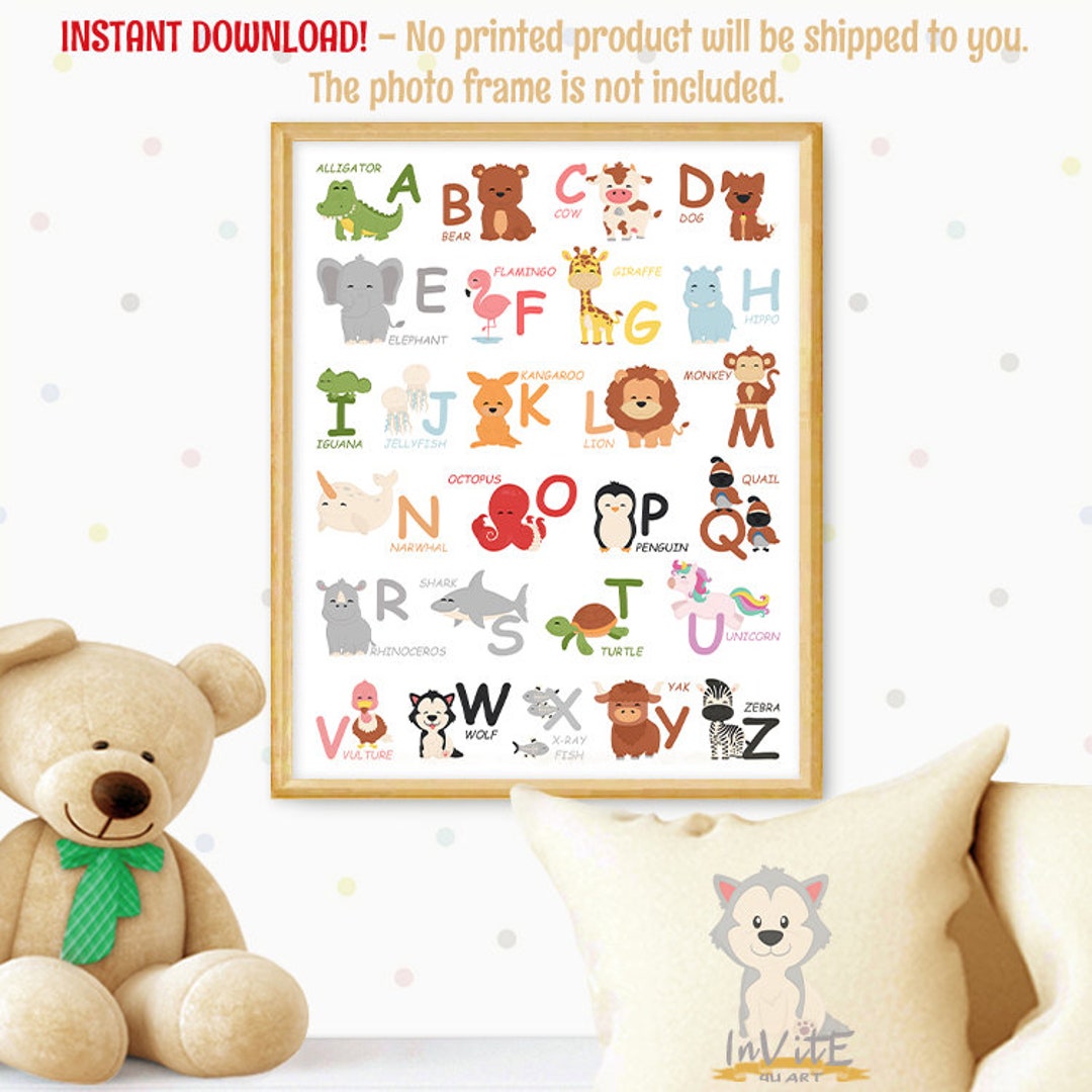 Cute ENGLISH ANIMAL Alphabet, Wall Decor, Colorful Nursery Prints, ABC ...