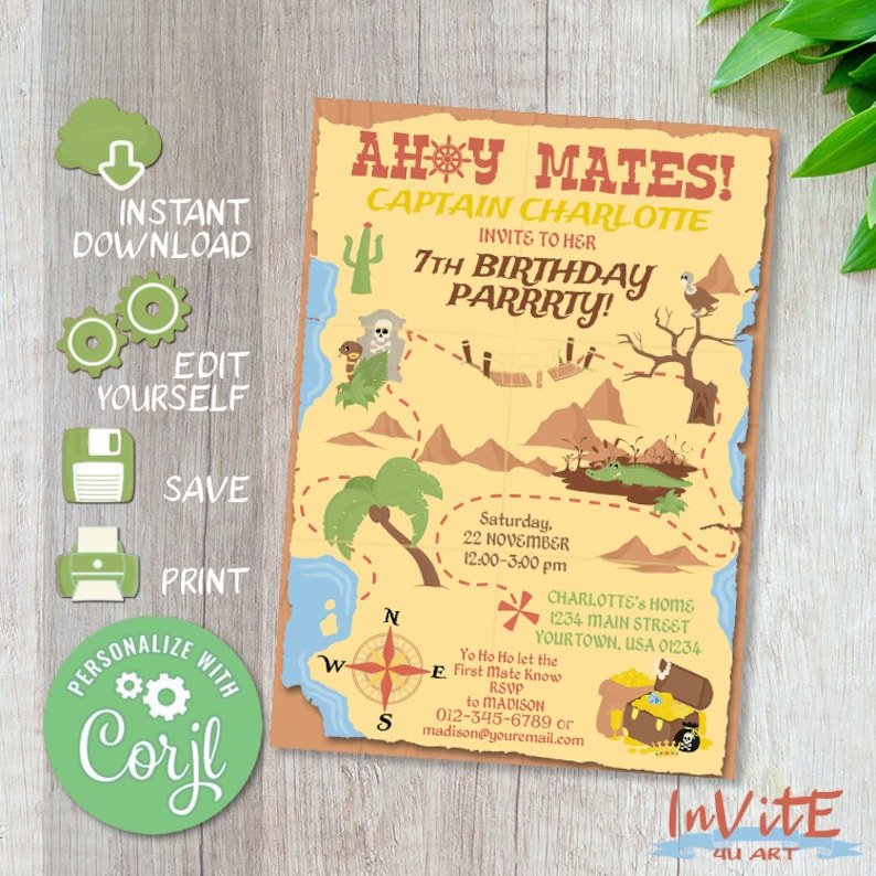 Editable PIRATE MAP Invitation for Kids, Treause Island, Birthday Party ...