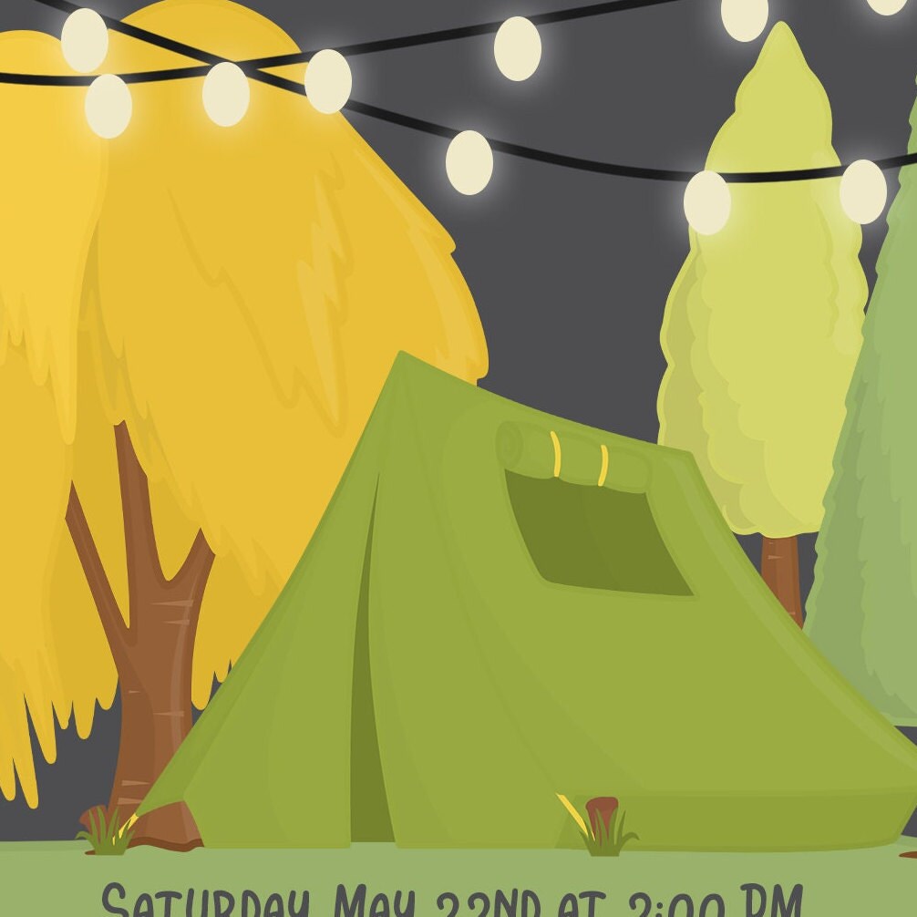 Editable CAMP Birthday Invitation, Free CORJL DEMO, Bonfire, Campfire ...