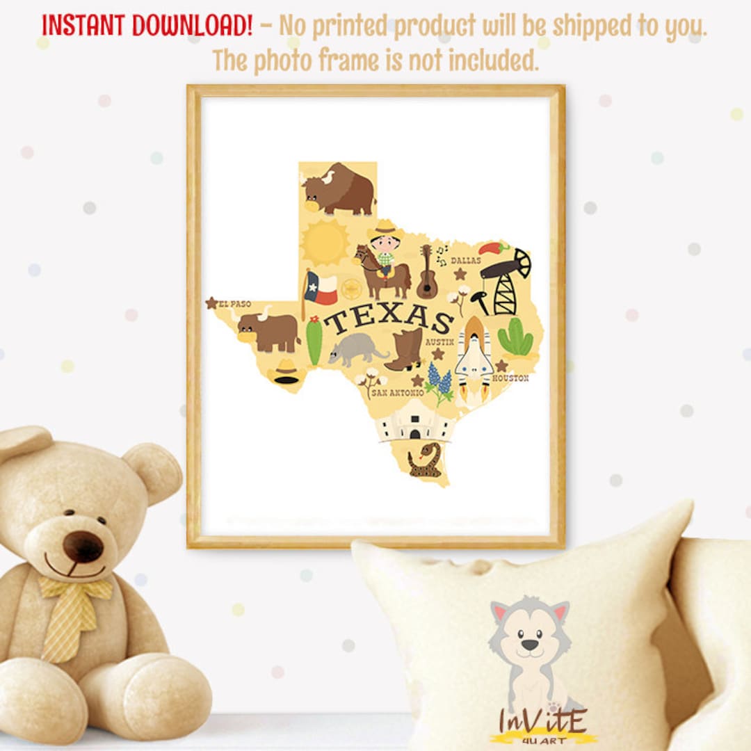 TEXAS STATE, Printable Map for Kids, Kids Room Wall Art, Prints, Home ...
