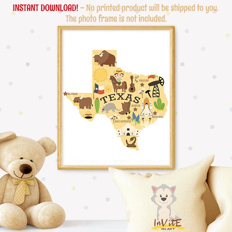 TEXAS STATE, Printable Map for Kids, Kids Room Wall Art, Prints, Home ...