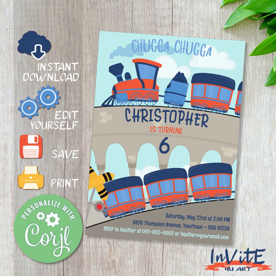 Editable TRAIN Birthday Invitation, Free CORJL DEMO, Railroad, Train ...