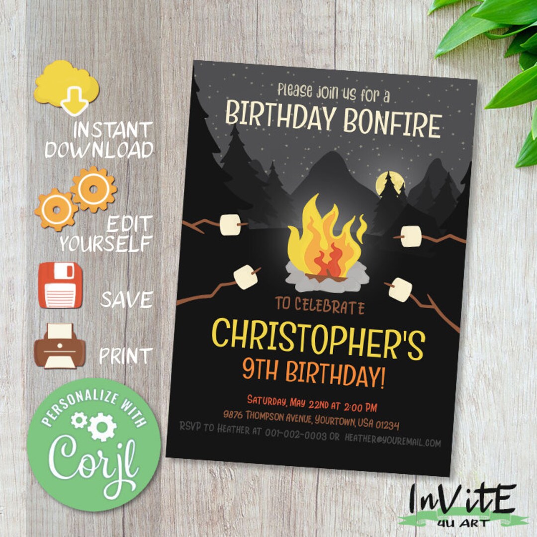 Editable BACKYARD Birthday Invitation, Free CORJL DEMO, S'mores Fun ...