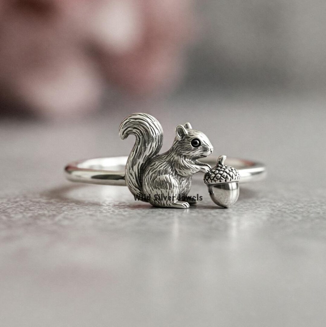 Squirrel & Acorn Silver Ring, Minimalist Acorn Ring, Nature Inspired ...
