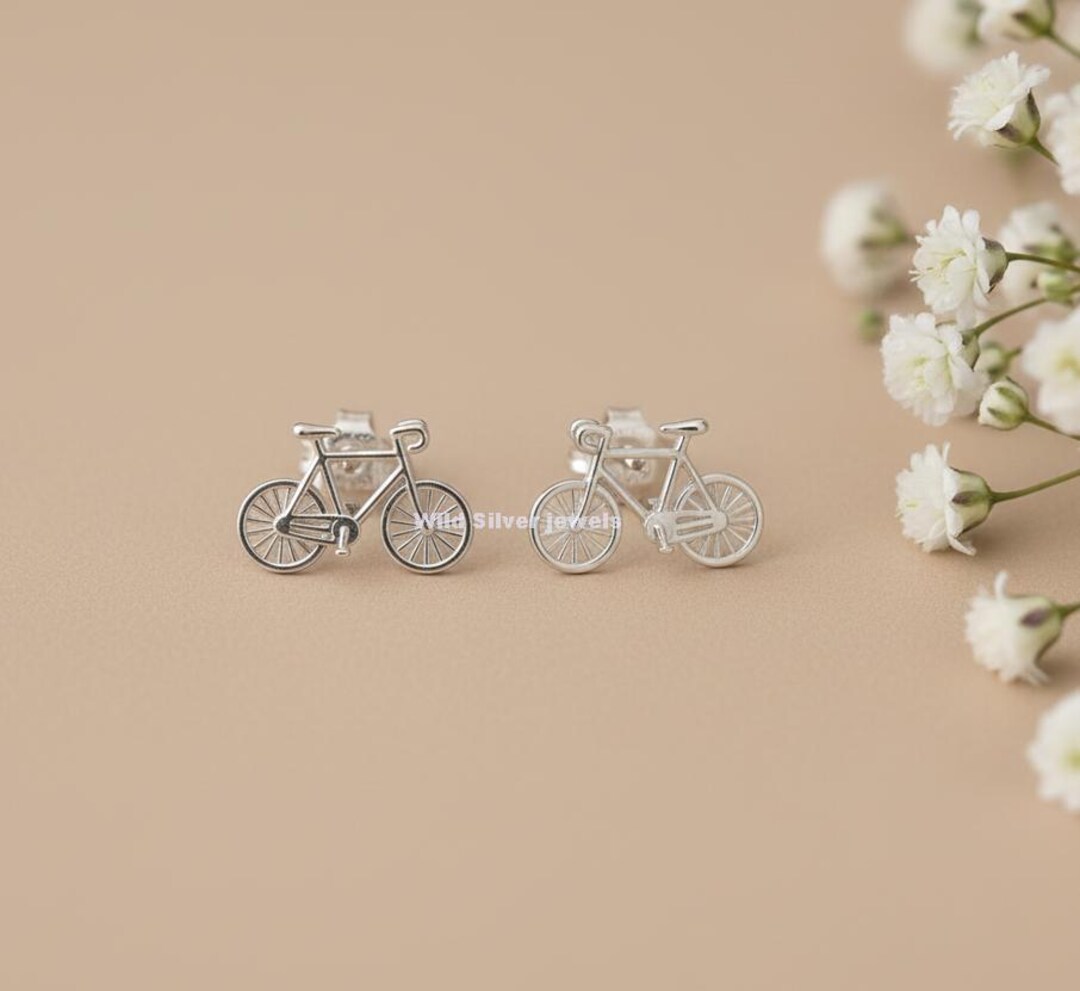 Tiny Bicycle Studs, Dainty Cyclist Stud Earring, Two Tone Silver Ring ...