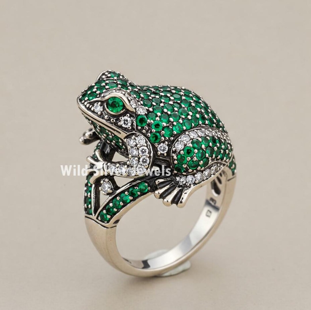 Silver Emerald Frog Ring, Pave Set Frog Emerald Animal Vintage Ring ...