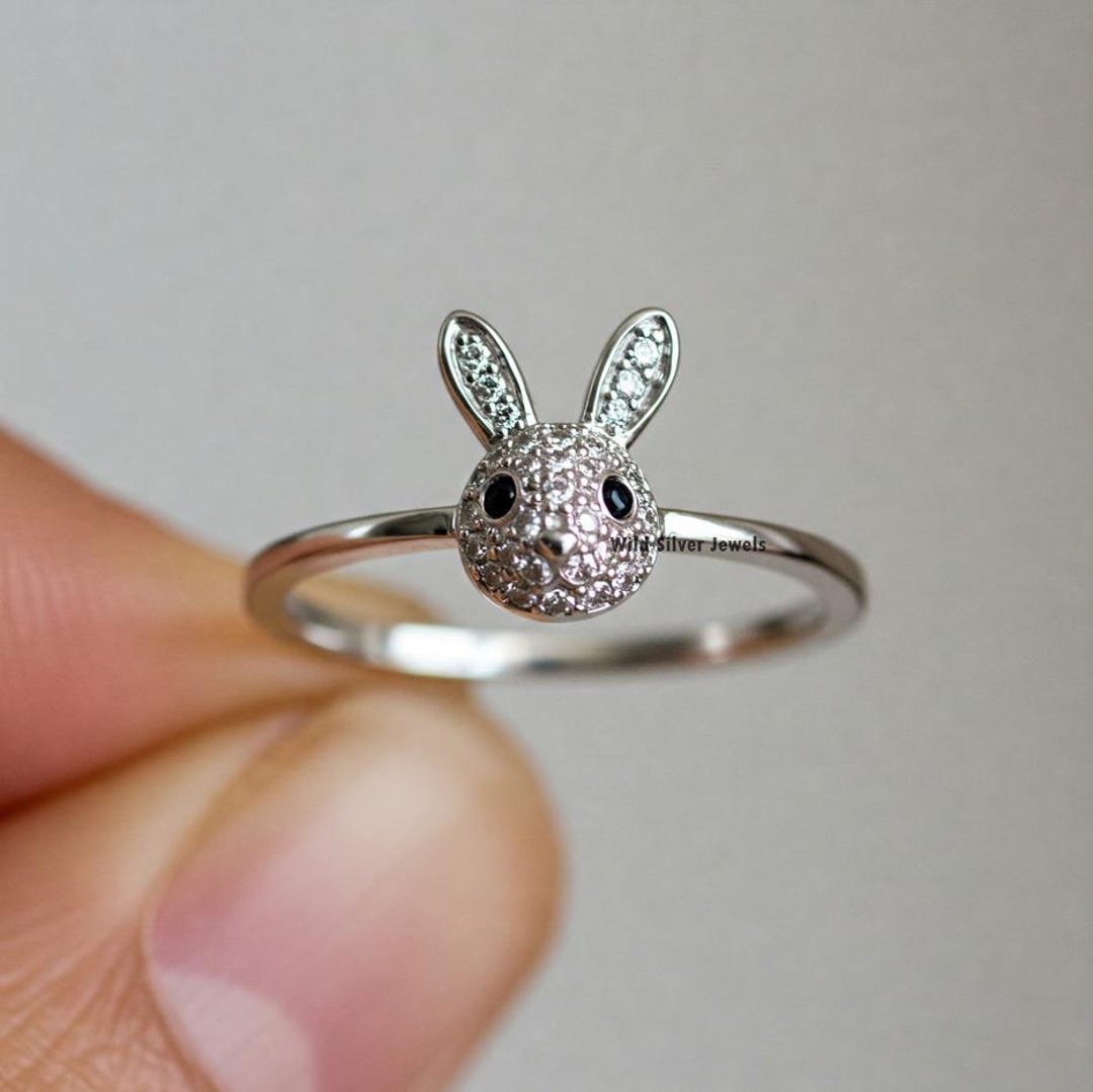 Rabbit Face Diamond Silver Ring, Cute Rabbit Face Ring, Diamond Bunny ...