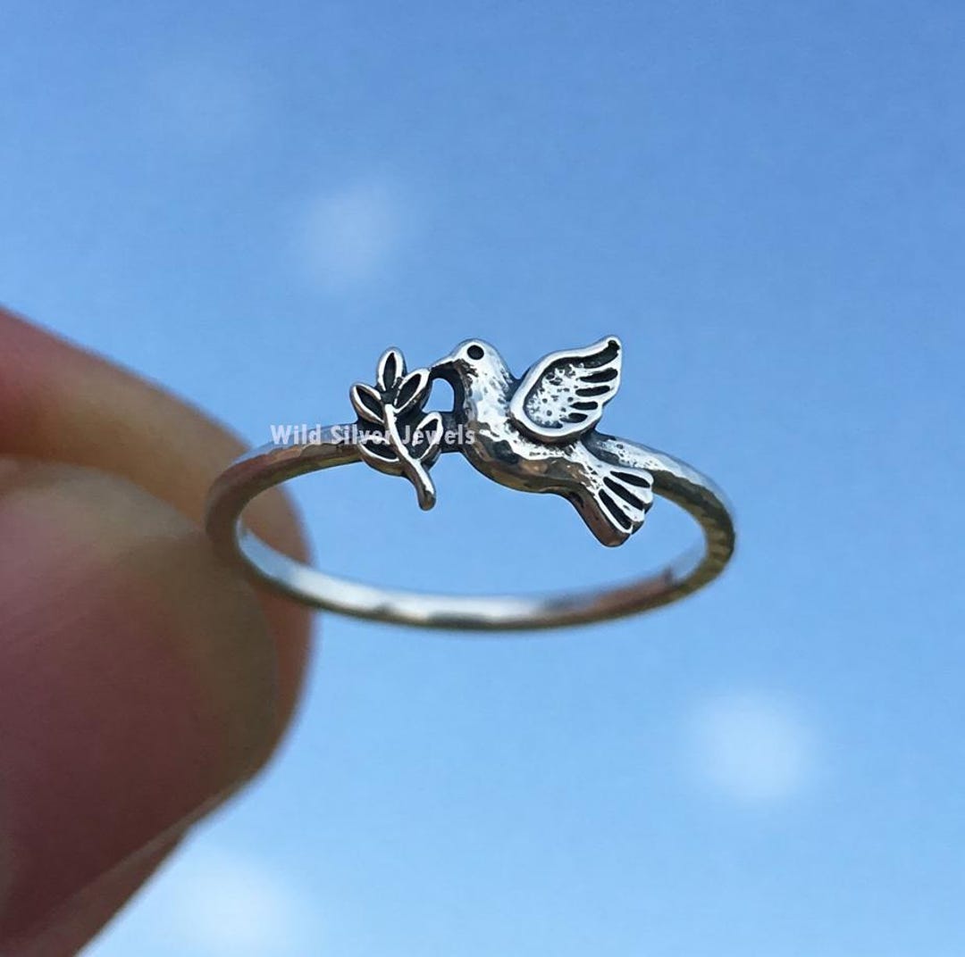 Silver Dove Bird Ring, Pigeon Bird Ring, Peace Dove Flying Bird Ring With Leaf Branch, Dove ...