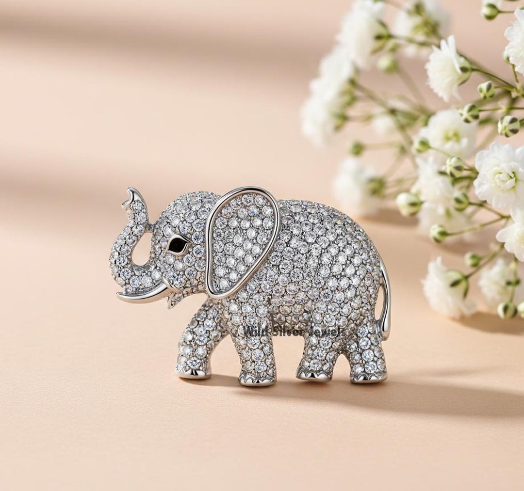 Elephant Silver Brooch Pin, Circa 1980s Diamond Brooch Pin, Round Pave ...