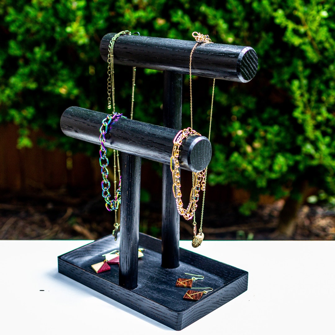 Sleek Black Oak Wood Jewelry Stand. Organize and Display Necklaces ...
