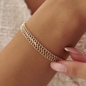 14K Real Gold Double Curb Chain Bracelet, Vienna Chain Bracelet ...