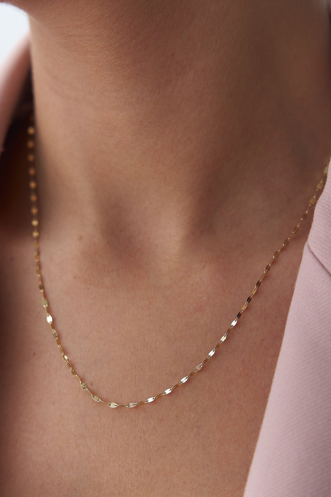14k Solid Gold Sequin Faceted Chain, Mirrored Dainty Necklace, Thin ...