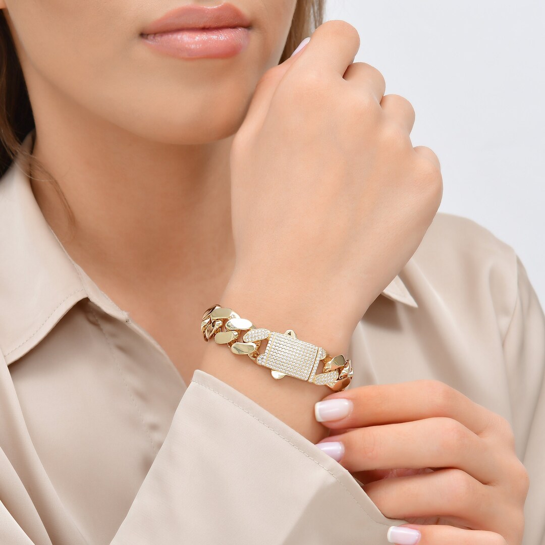 14K Real Gold 10mm Miami Cuban Bracelet, Monaco Chain Bracelet, Royal ...