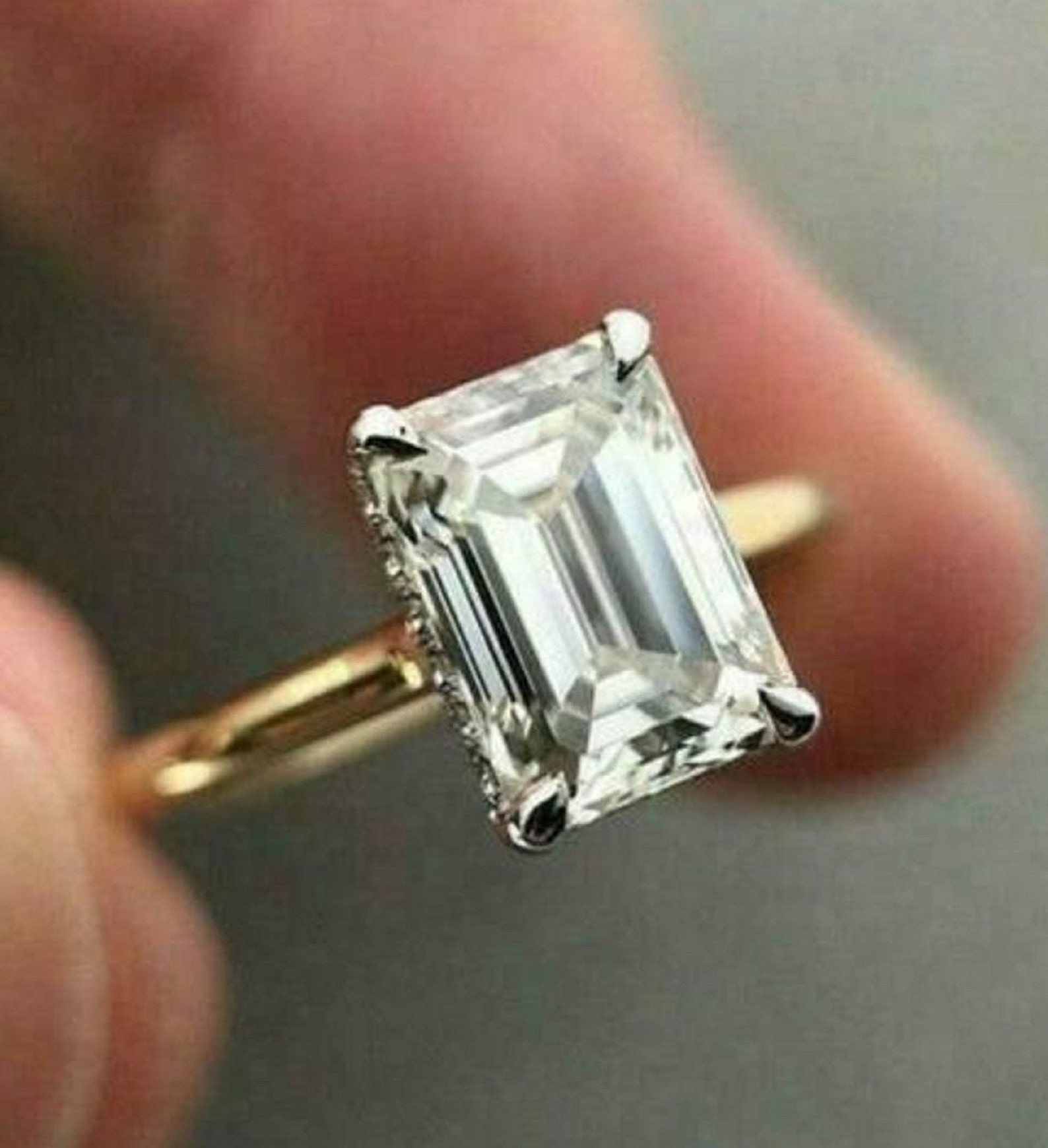 Emerald Hidden Halo Ring Claw Prong Diamond Ring Engagement - Etsy