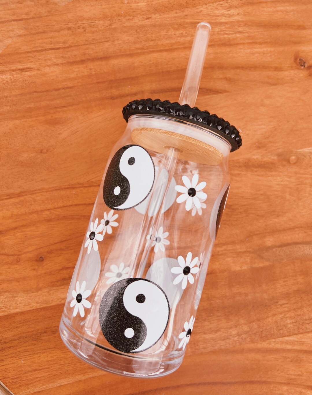 Ying Yang Glass Can Cup/boho Ying Yang Cup/16oz Coffee Glass/retro Ying ...