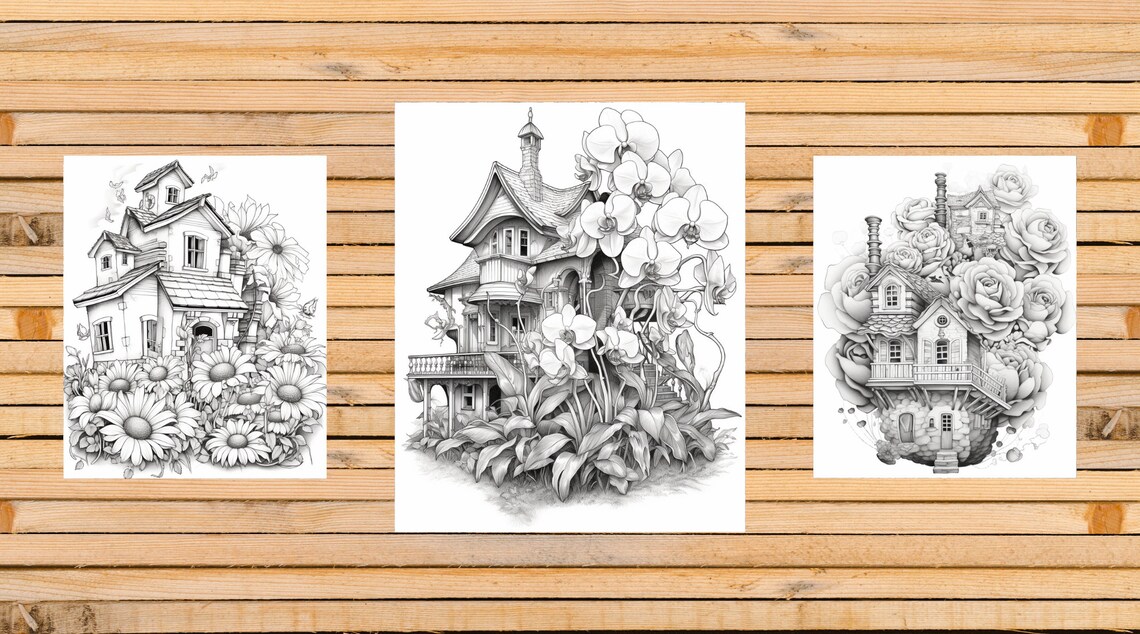 Blooming Houses Coloring Pages Flower House Coloring Pages - Etsy