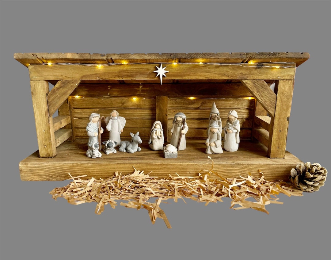 Handmade Nativity Scene With Wooden Stable & Lights - Etsy