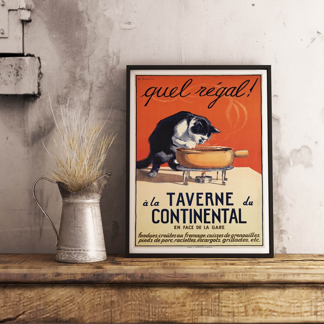 Vintage Taverne Continental Poster: Cat & Fondue, Bar Decor - Etsy