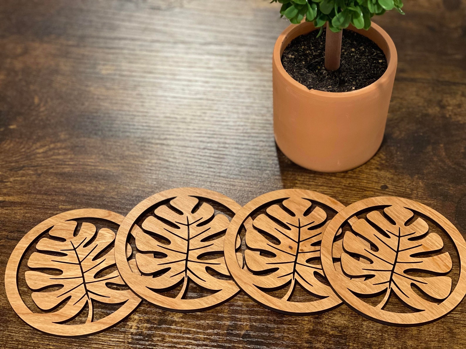 Monstera Coaster Set of 4 Laser Cut Finished Cherry Hardwood - Etsy
