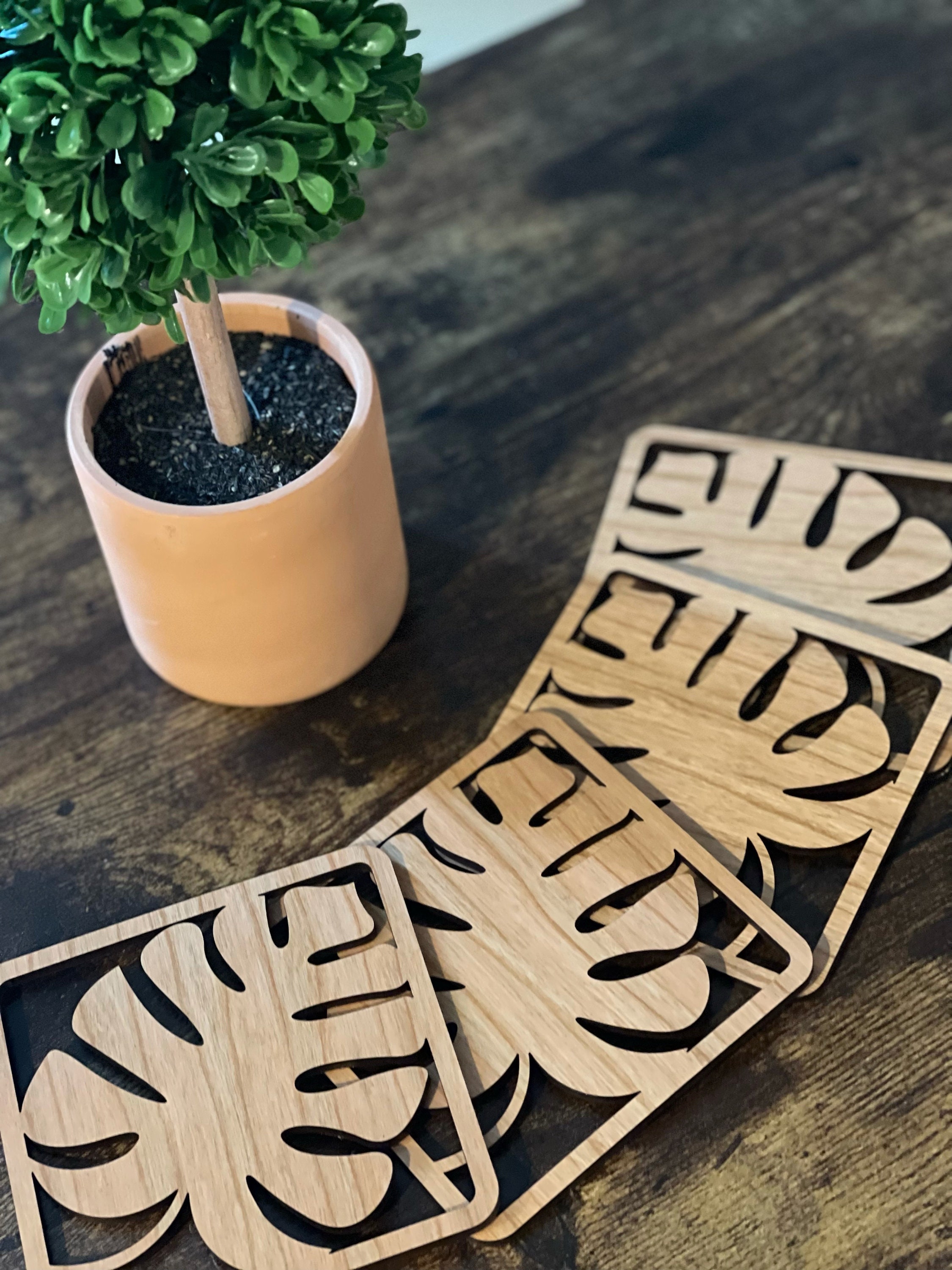 Monstera Coaster Set of 4 Laser Cut Finished Cherry Hardwood - Etsy