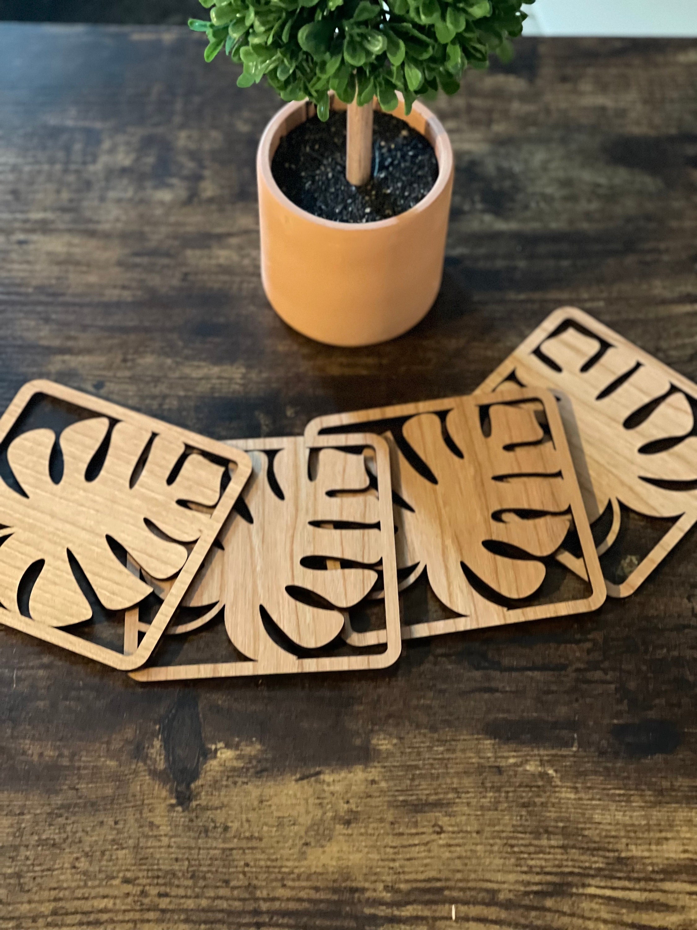 Monstera Coaster Set of 4 Laser Cut Finished Cherry Hardwood - Etsy