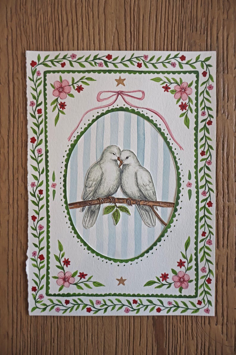 Doves in Love Painting: Original Watercolor Folk Art, Love Birds ...