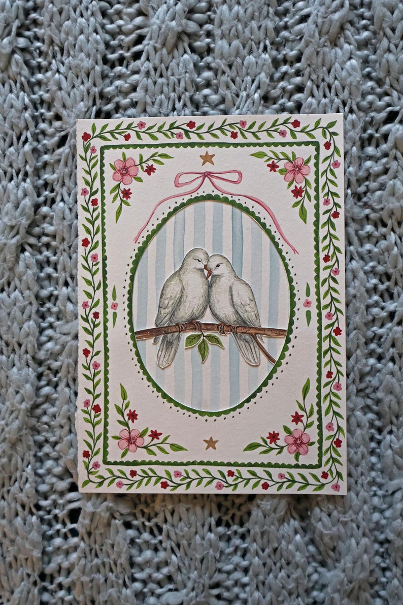 Doves in Love Painting: Original Watercolor Folk Art, Love Birds ...
