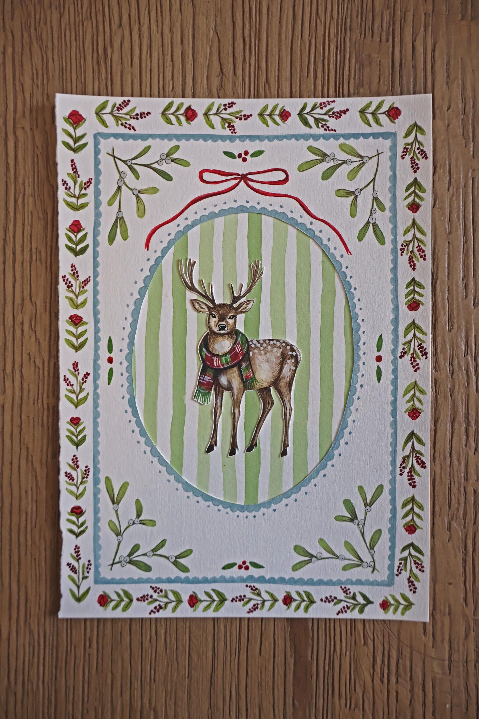 Reindeer Mistletoe Painting: Original Watercolor Folk Art, Holiday Art ...