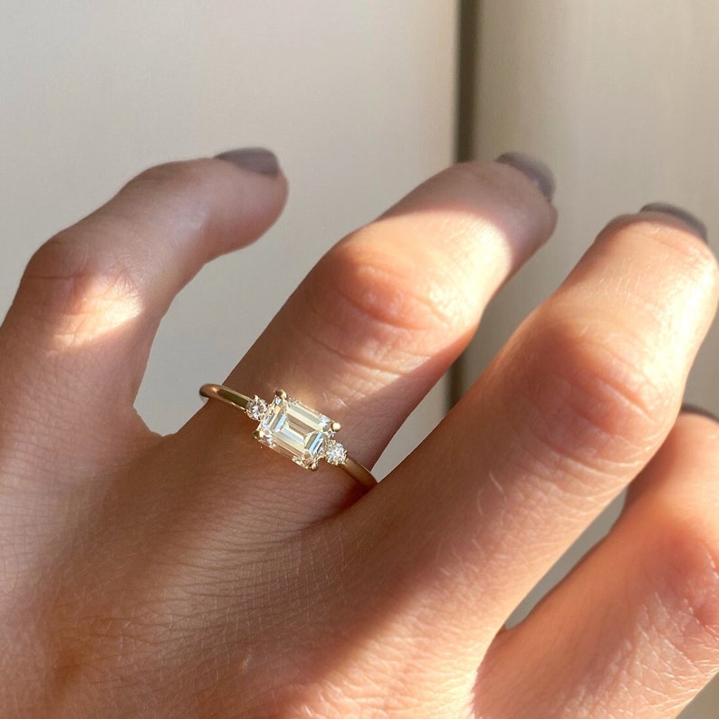 East West Emerald Cut Engagement Ring Emerald Moissanite Etsy