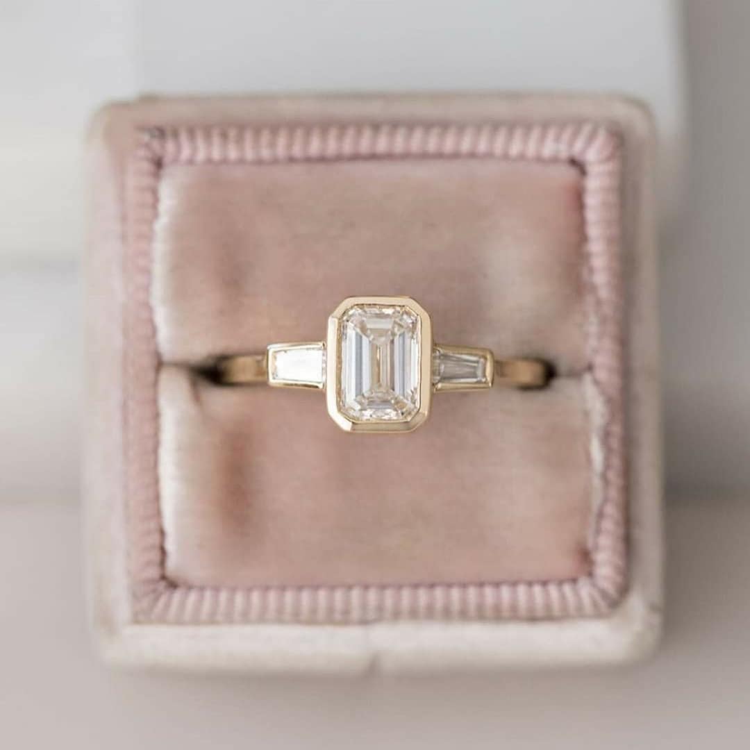 Bezel Setting Wedding Ring Emerald Cut Moissanite Engagement Ring ...