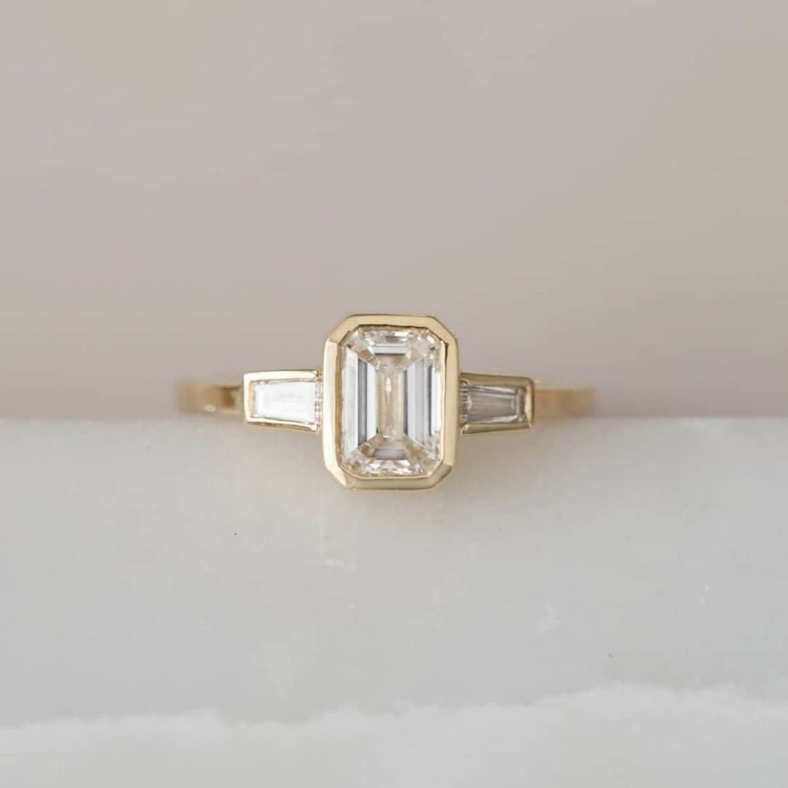 Bezel Setting Wedding Ring Emerald Cut Moissanite Engagement - Etsy UK