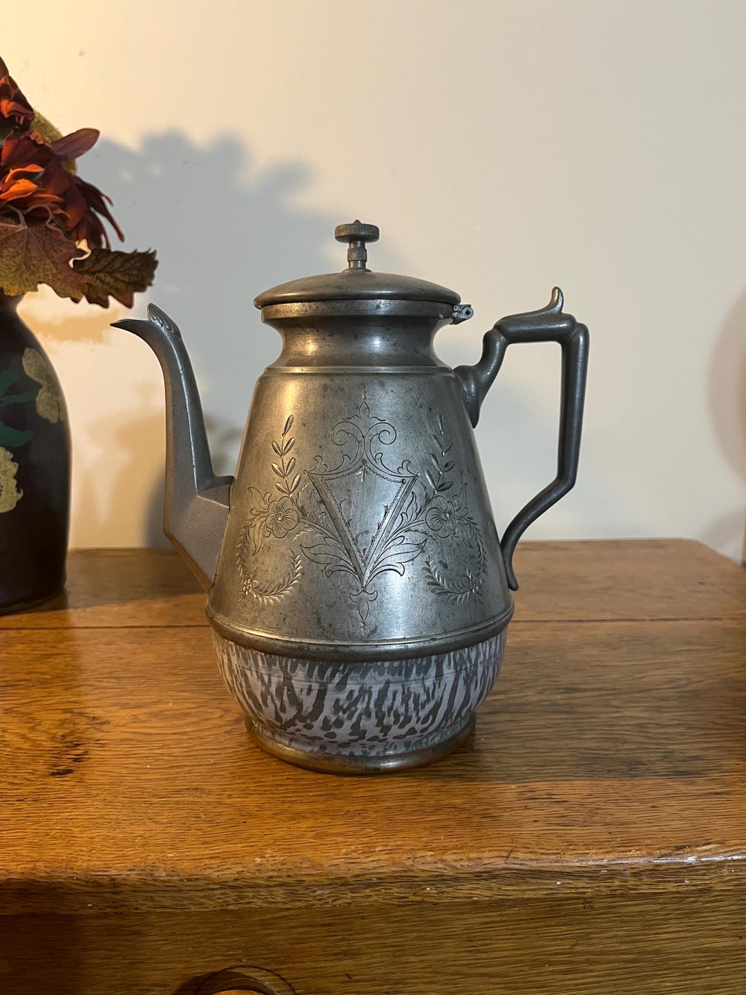 Antique Pewter and Grantiteware Tea Pot - Etsy