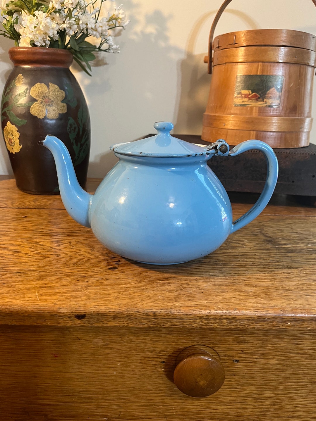 Vintage Blue Enamelware Tea Pot - Etsy