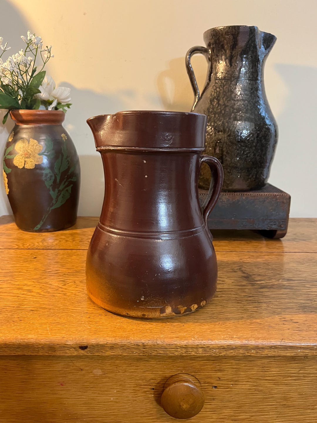 Antique Brown Stoneware Batter Pitcher - Etsy
