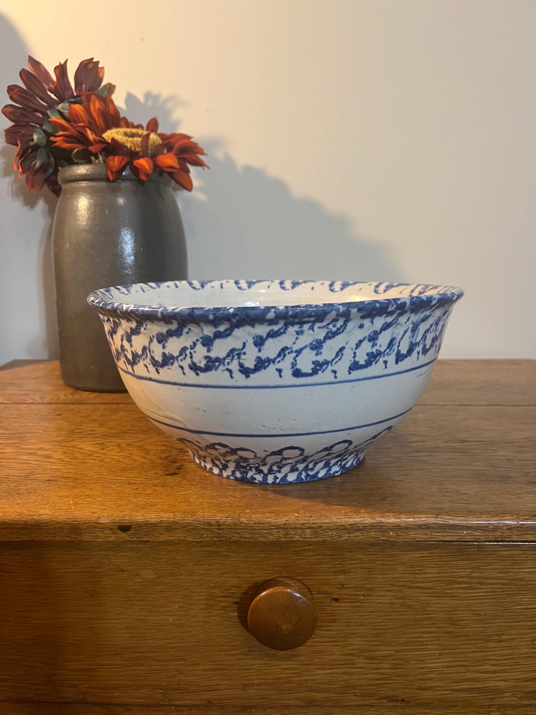 Large Antique Blue Spongeware Bowl - Etsy